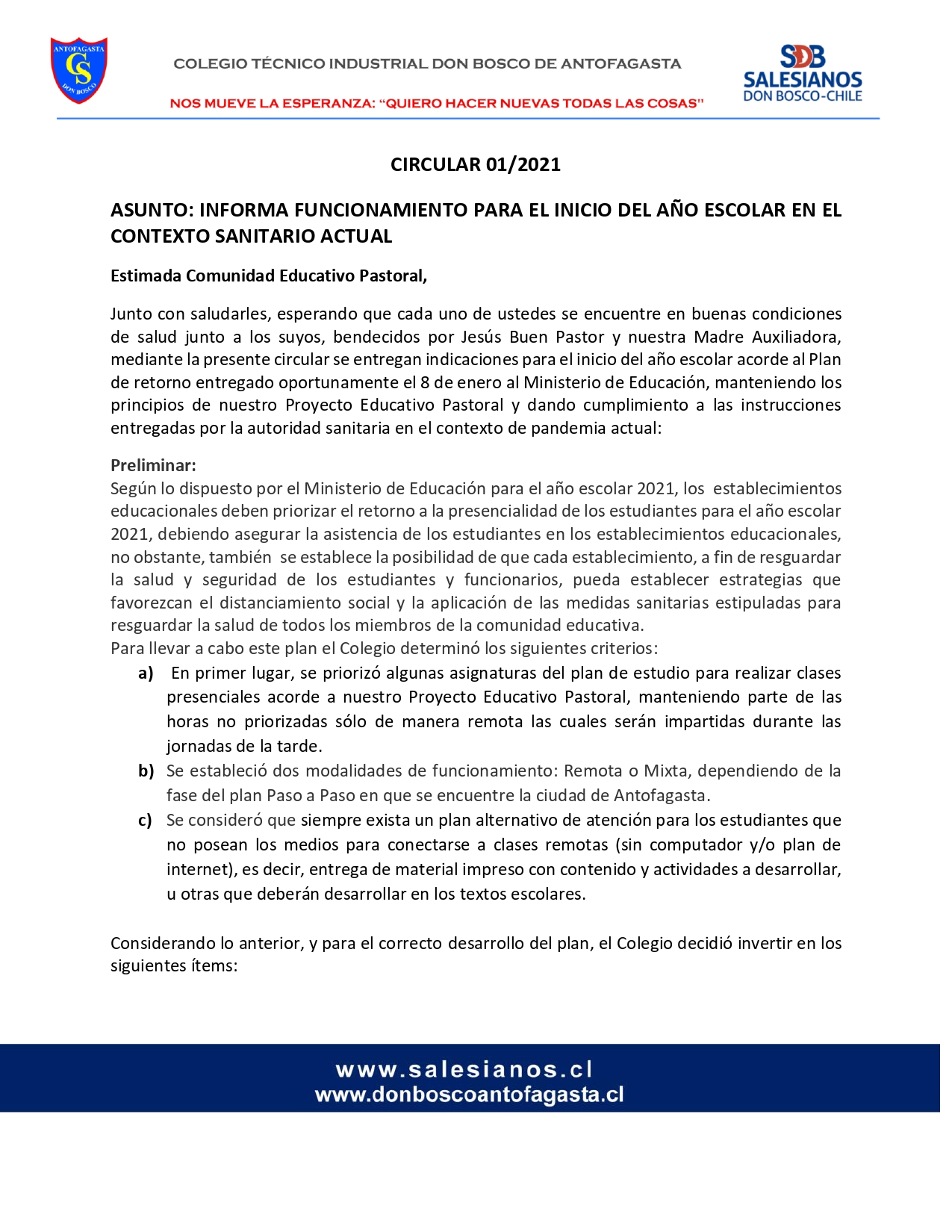 Circular 01-2021 - INICIO DE CLASES